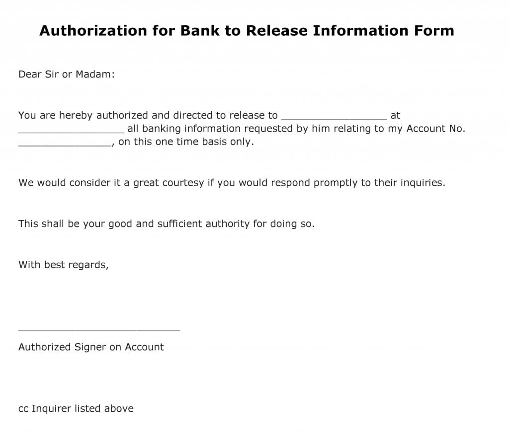 Free Authorization for Bank to Release Information Form | PDF Template ... Free Authorization for Bank to Release Information Form | PDF Template ...