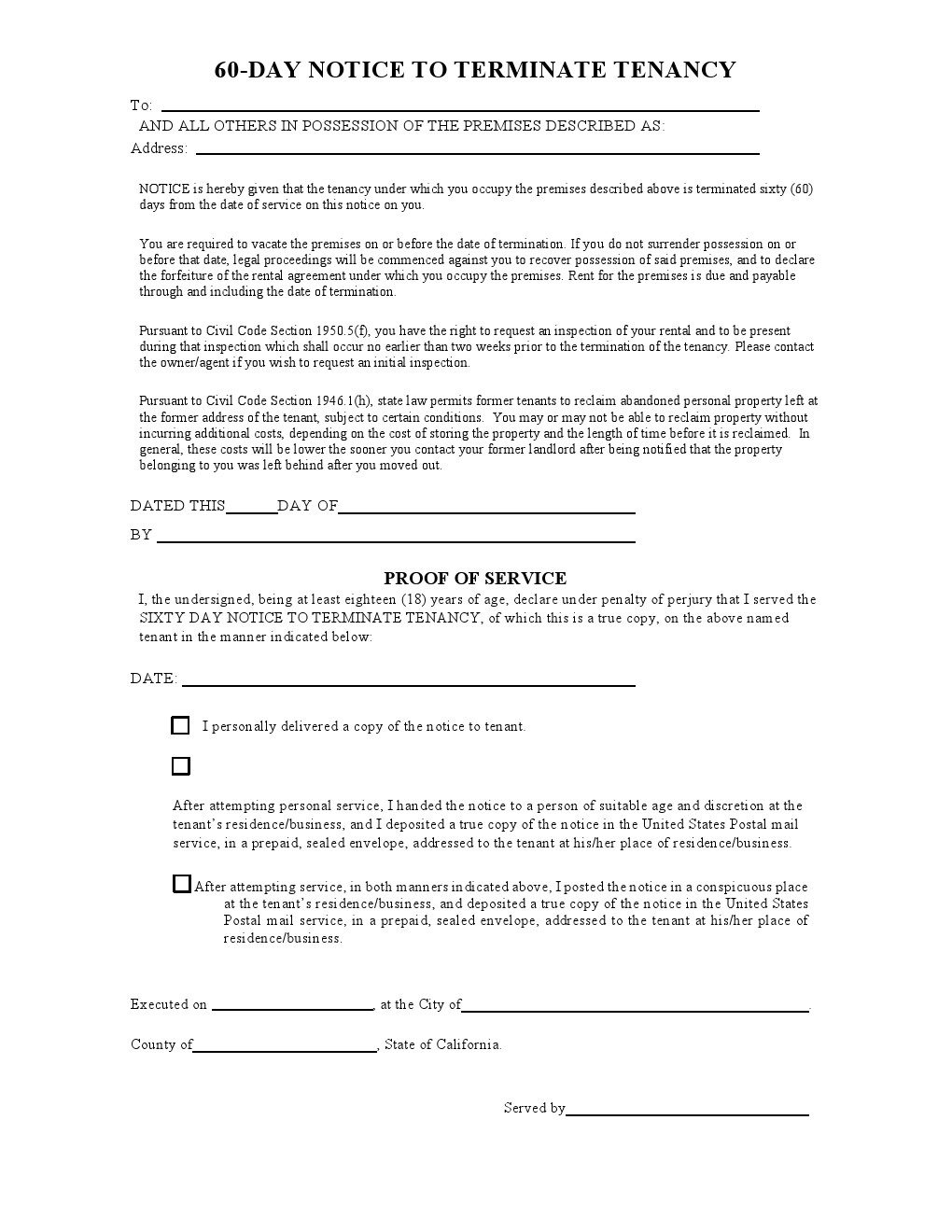 Free California 60 Day Notice To Vacate Form as Of 2013 PDF Template Form Download