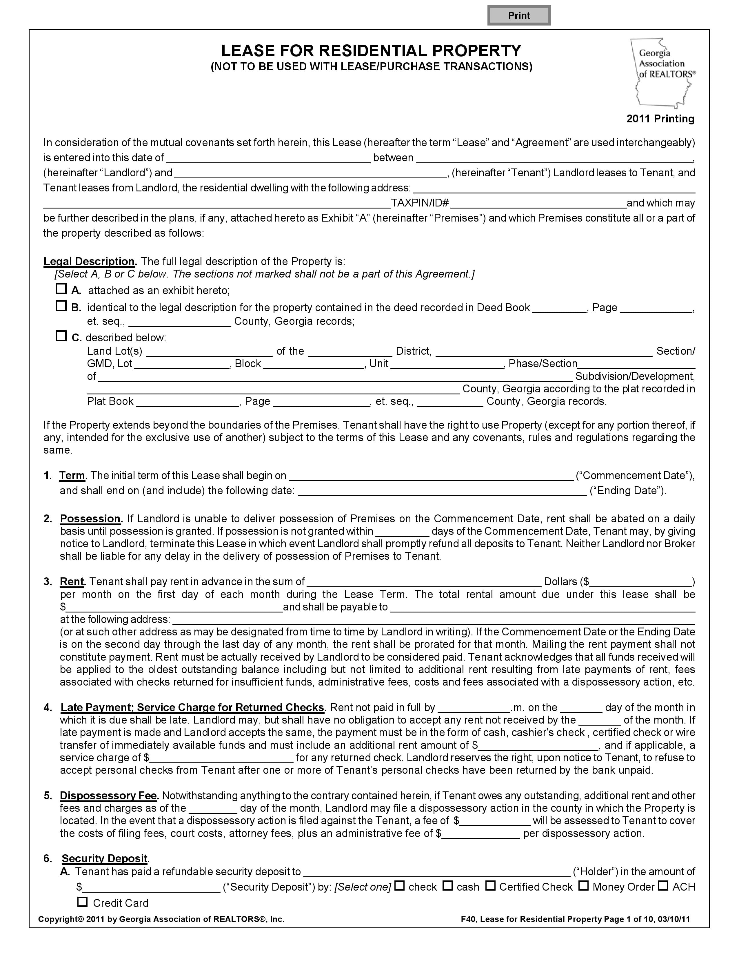 Free Georgia Residential Lease Agreement PDF Template Form Download