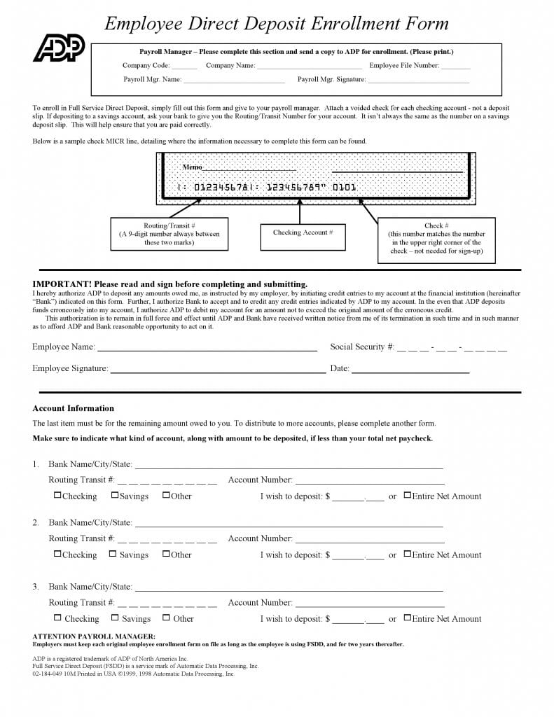 Free ADP Direct Deposit Form PDF Template Form Download